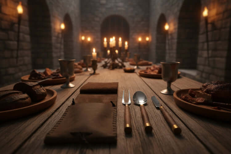 Hand Forged Set of 3 Renaissance Medieval Feasting Set with Leather Po